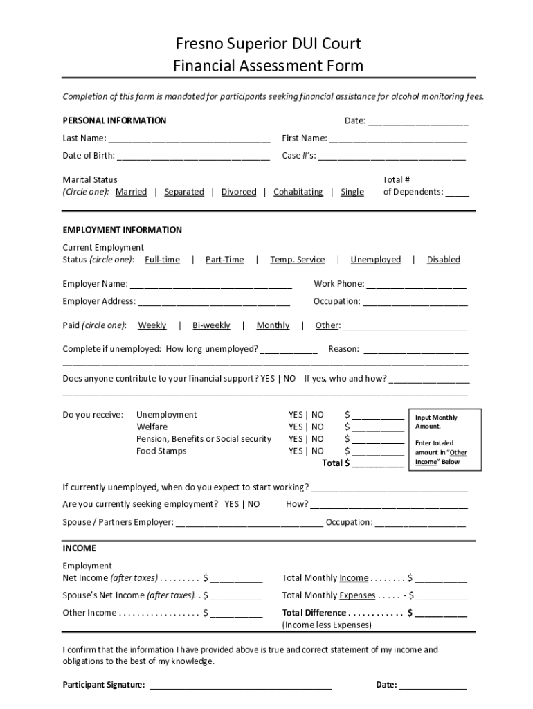 Fillable Online Fresno Superior DUI Court Financial Assessment Form Fax ...