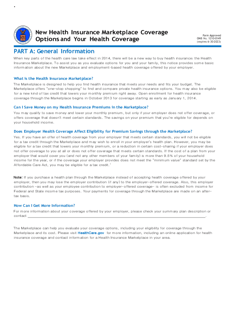 Fillable Online . New Health Insurance Marketplace Coverage Options and ...