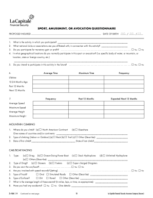 Fillable Online SPORT, AMUSEMENT, OR AVOCATION QUESTIONNAIRE Fax Email ...