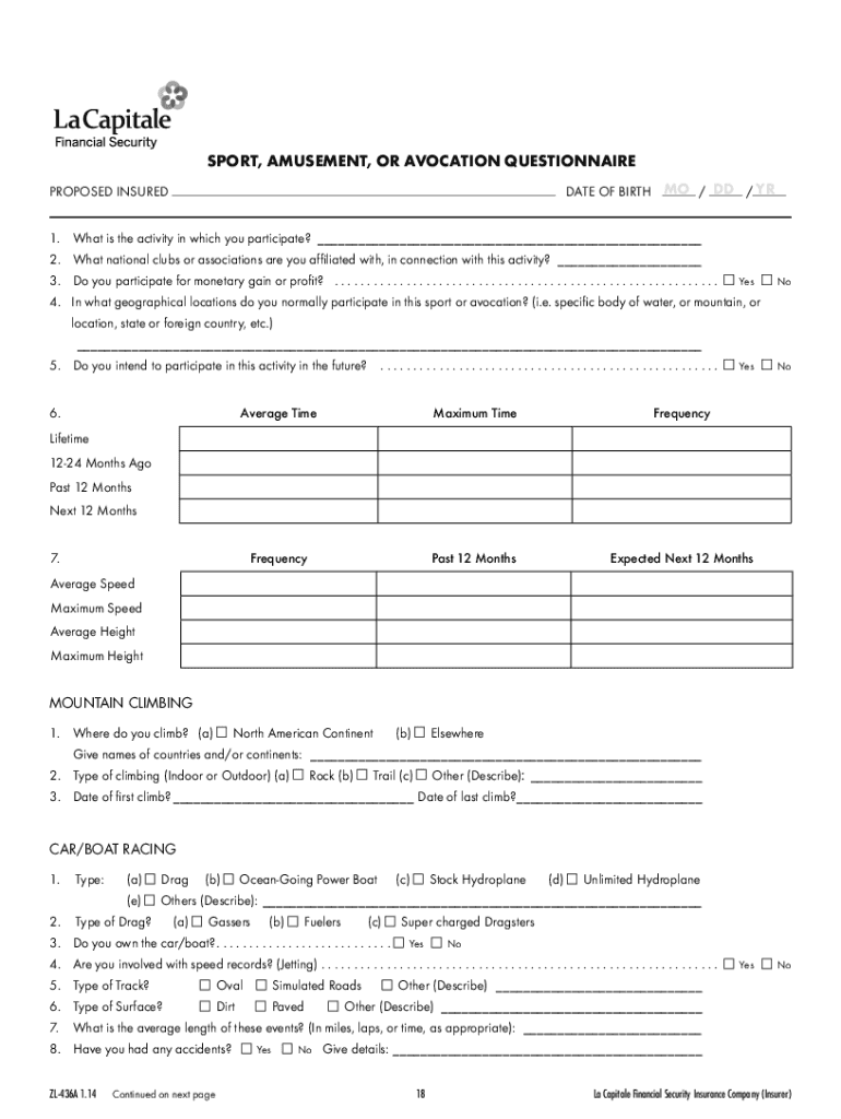 Fillable Online SPORT, AMUSEMENT, OR AVOCATION QUESTIONNAIRE Fax Email ...