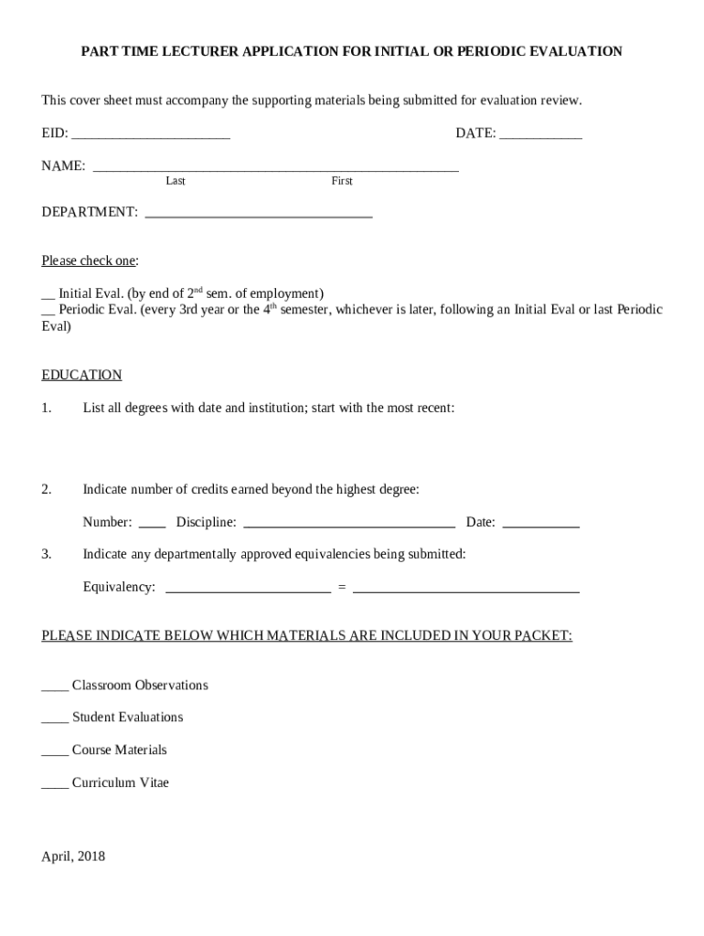 Full-Time Lecturer Application for Periodic Evaluation Doc Template | pdfFiller