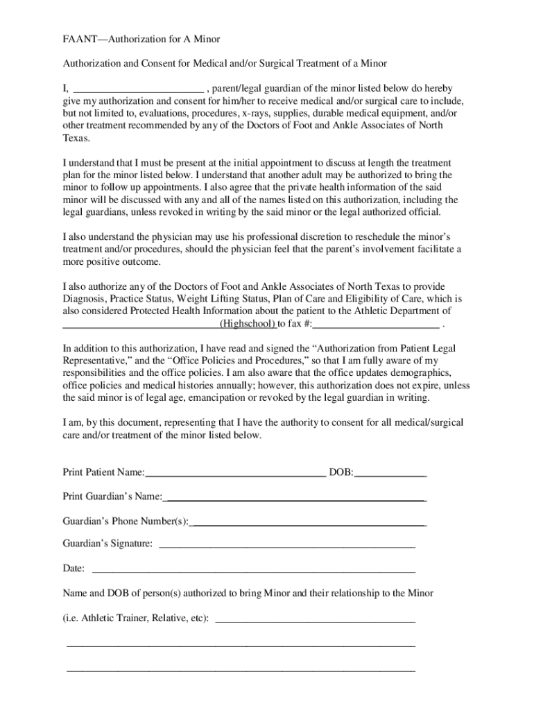 Fillable Online AUTHORIZATION TO TREAT A MINOR CHILD IN ... Fax Email Print - pdfFiller