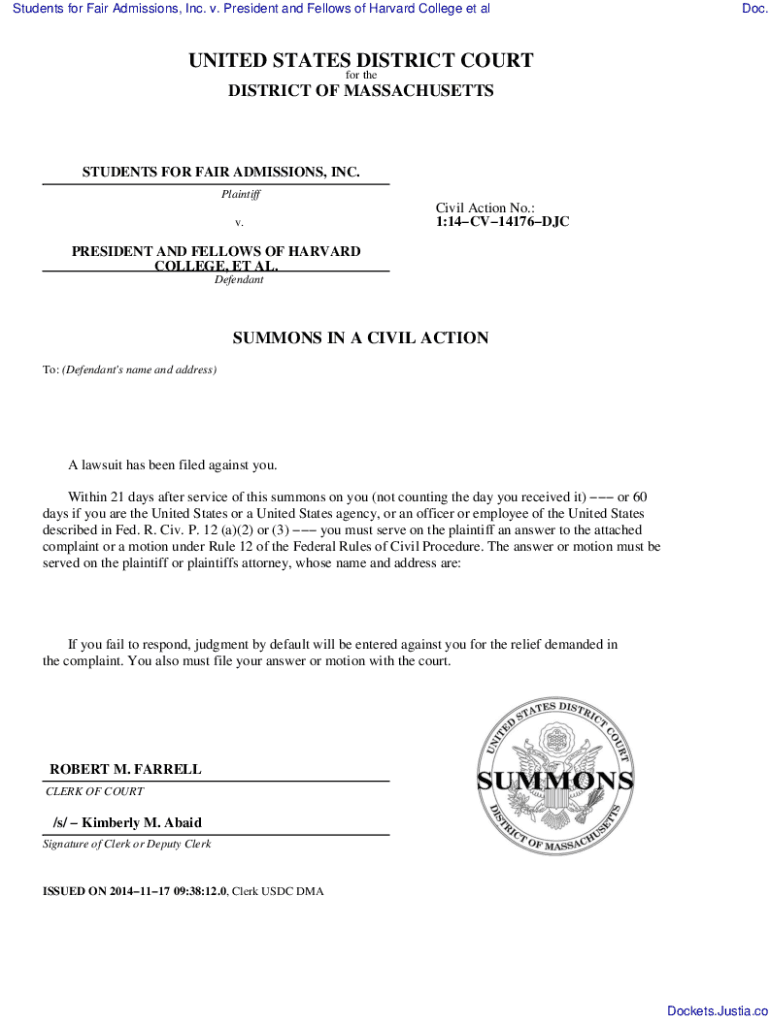 Fillable Online Summons Issued as to All Defendants. Counsel receiving ...