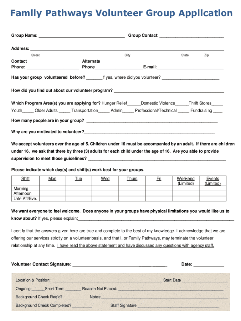 Fillable Online Family Pathways Volunteer Group Application Fax Email Print - pdfFiller