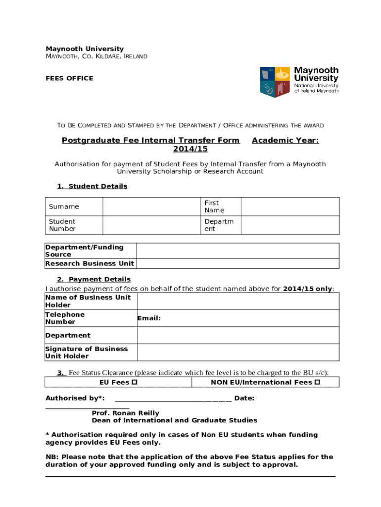 PG Fees Transfer - Hume scholars Doc Template | pdfFiller