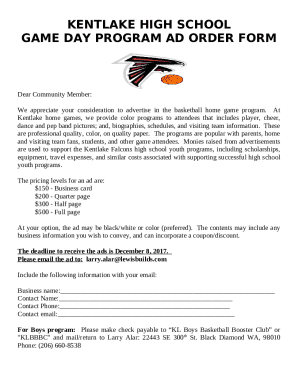 kentlake high school game day program ad order Doc Template | pdfFiller