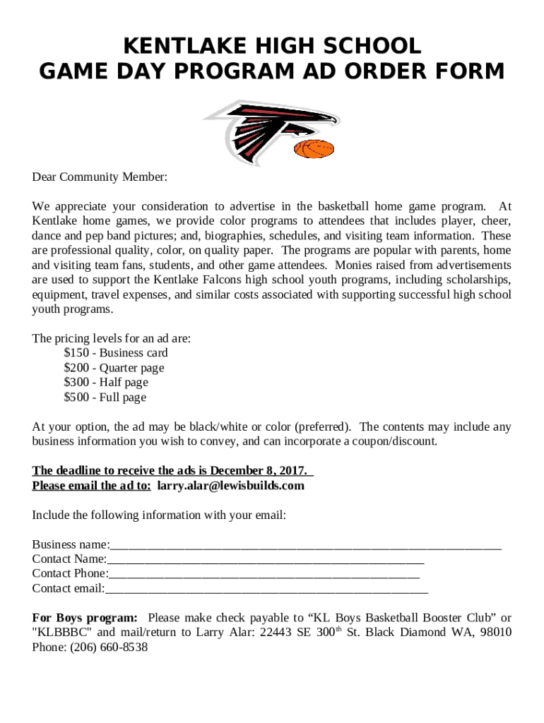 kentlake high school game day program ad order Doc Template | pdfFiller