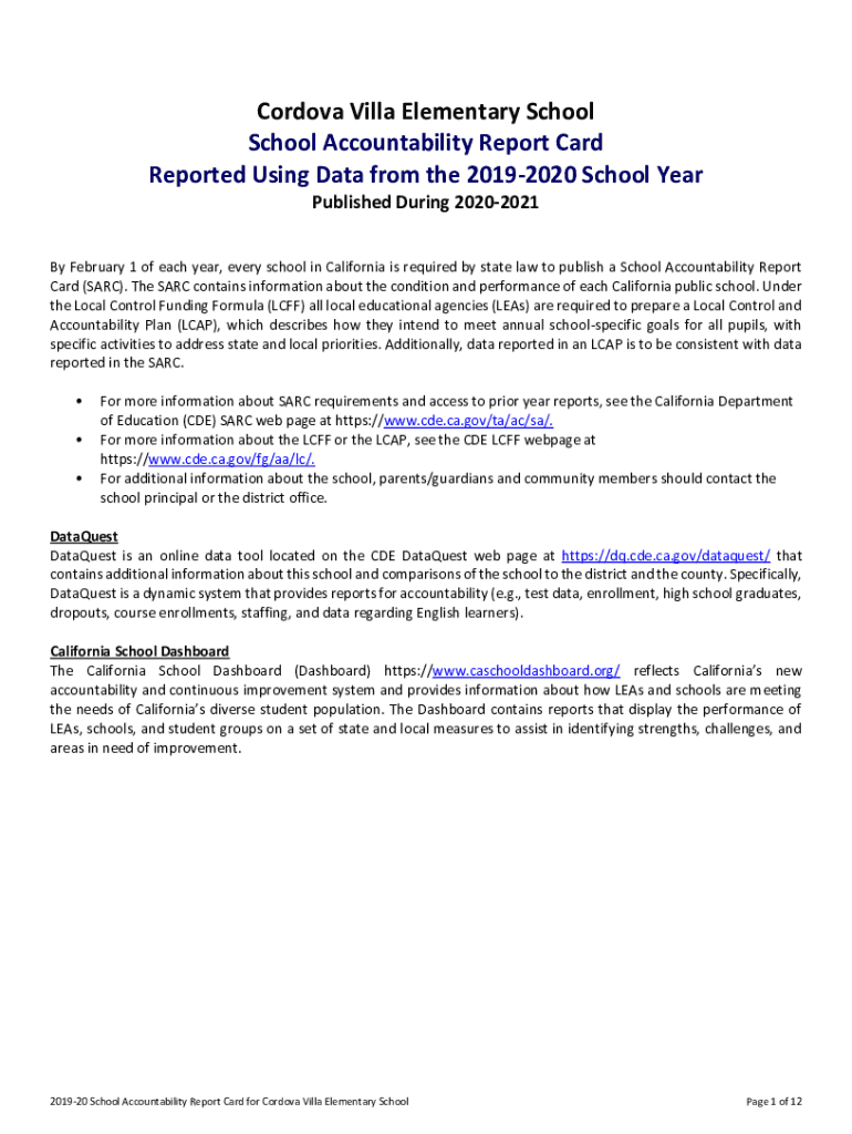Fillable Online 2019-20 School Accountability Report Card for Cordova ...