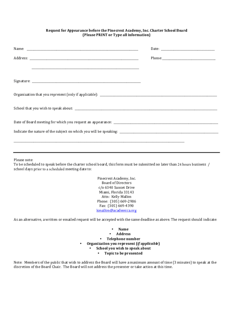 Fillable Online ! ! ! Request!for!Appearance!before!the!Pinecrest ...