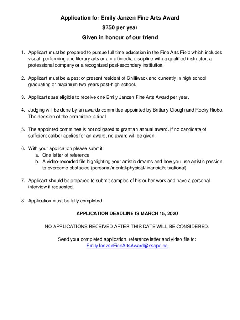 Fillable Online Application for Emily Janzen Fine Arts Award $750 per ...