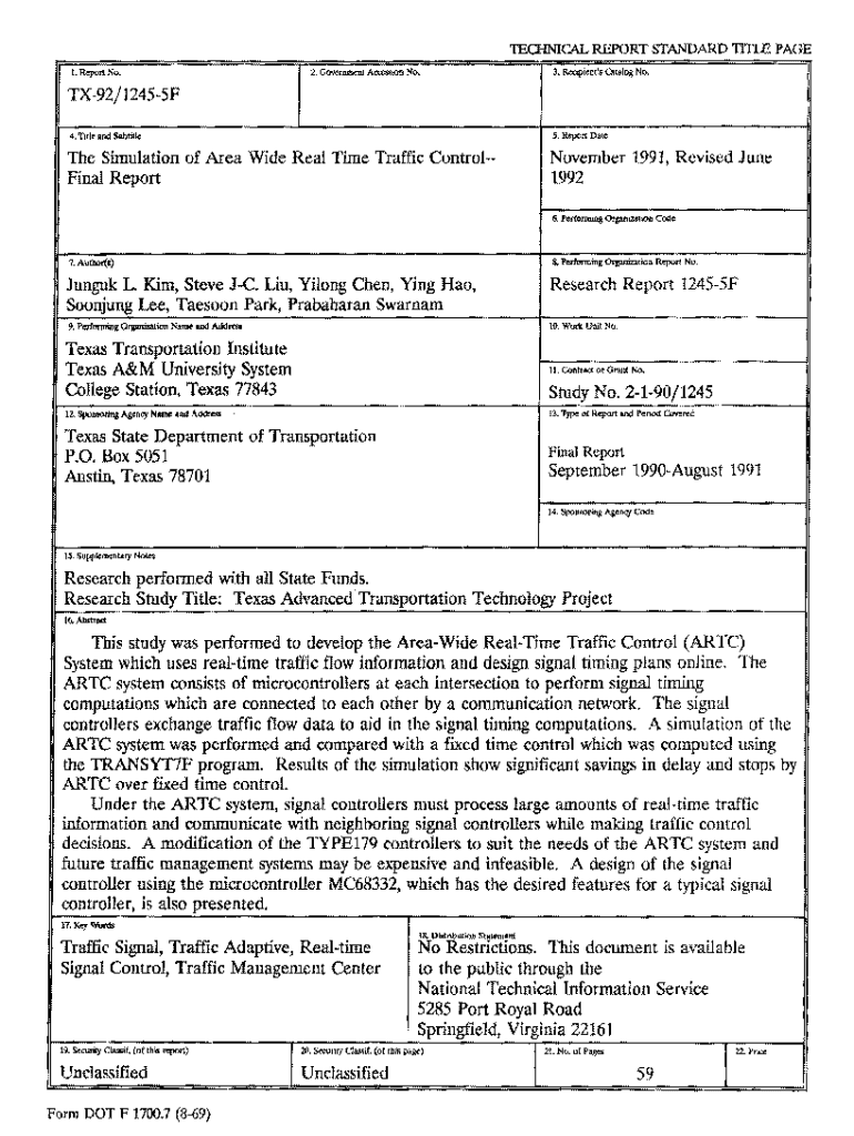 Fillable Online static tti tamu The Simulation of Area-Wide Real-Time Traffic Control -- Final ...