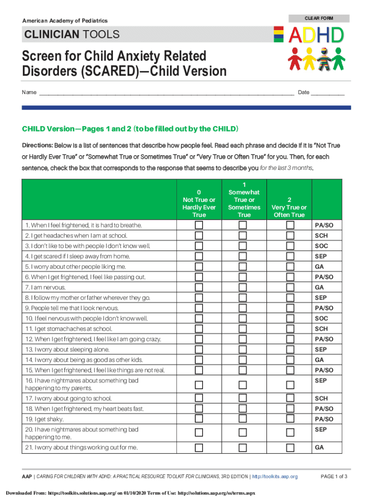 Fillable Online Screen for Child Anxiety Related Emotional Disorders ( ... Fax Email Print ...