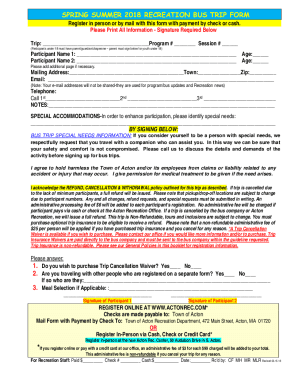 Fillable Online SPRING SUMMER 2018 RECREATION BUS TRIP FORM Fax Email ...