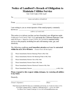 Fillable Online Notice of Landlord's Breach of Obligation to Maintain ...