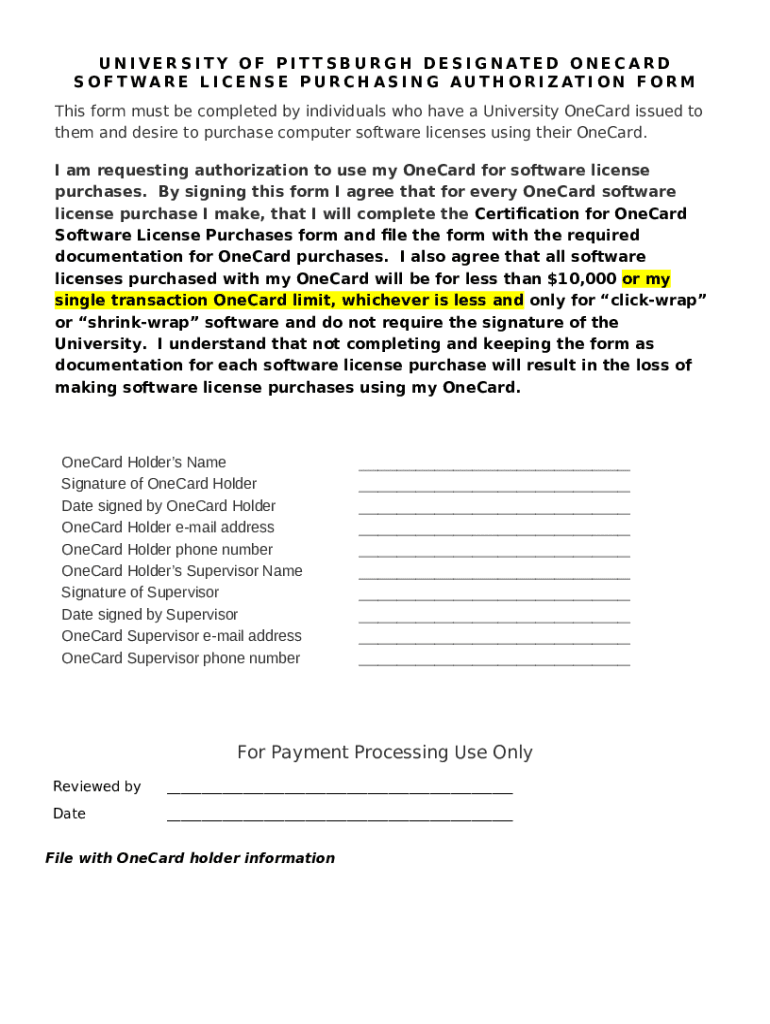 OneCard Software Purchases Authorization Doc Template | pdfFiller
