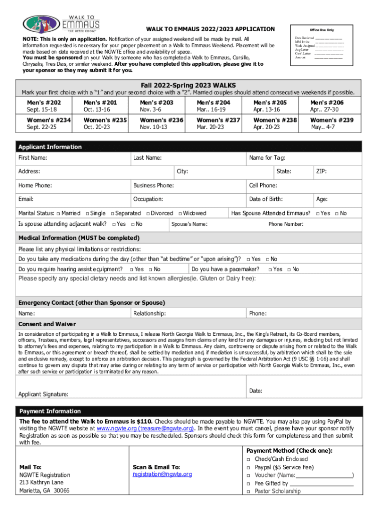 Fillable Online APPLICATION for The Walk to Emmaus The New-Ark Area ... Fax Email Print - pdfFiller