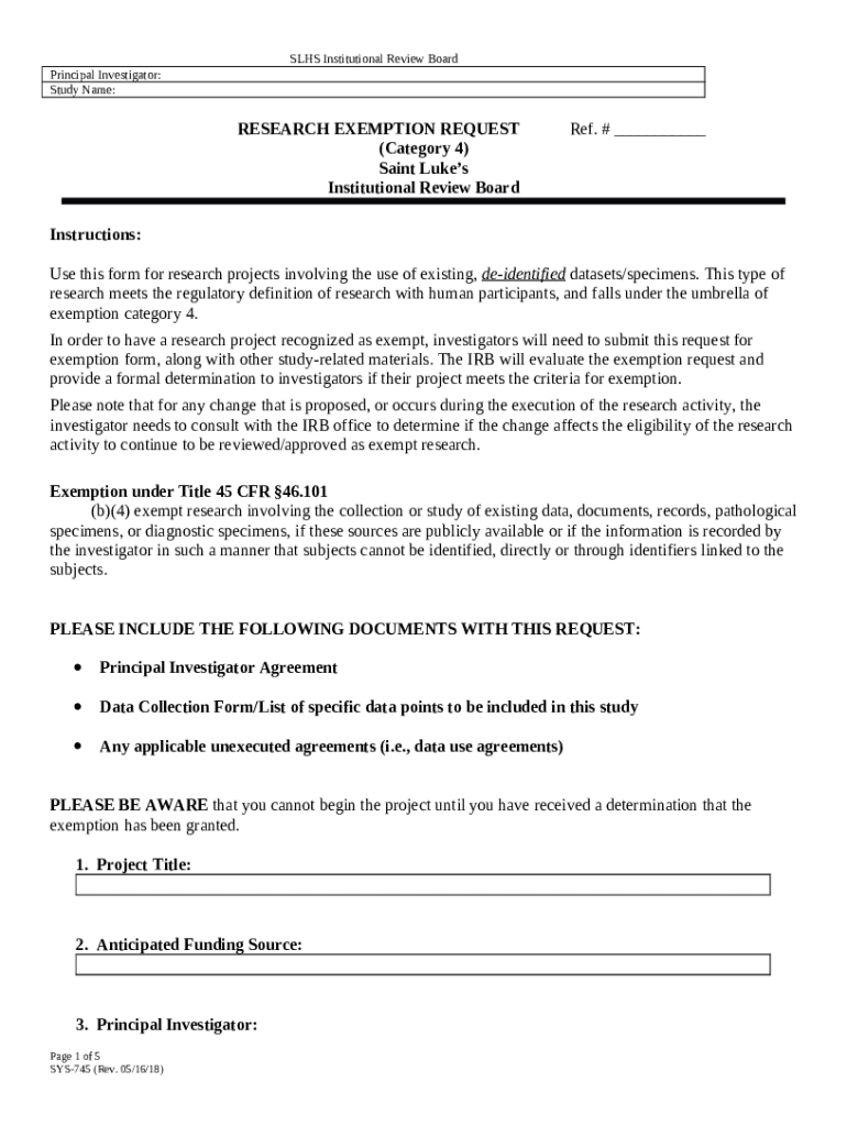 IRB Research Exemption Request (Category 4) Doc Template | pdfFiller