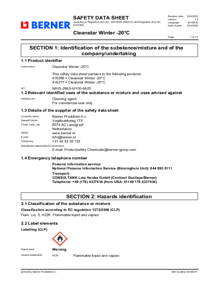 Fillable Online SAFETY DATA SHEET Cleanstar Winter -20C SECTION 1 Fax ...