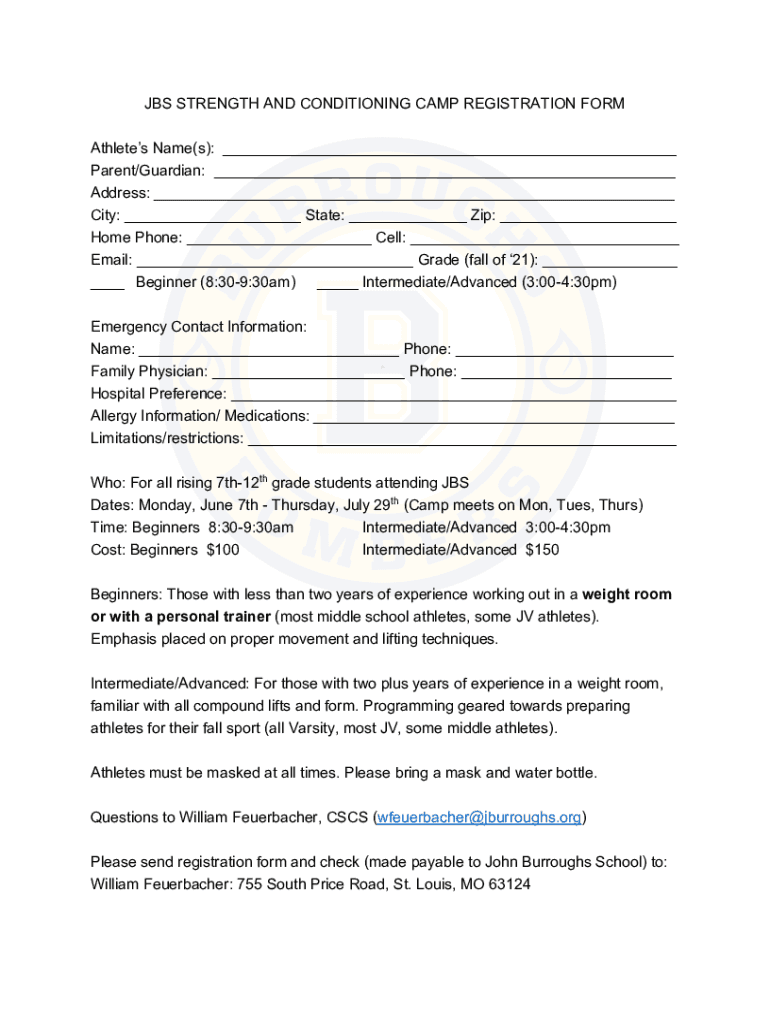 Fillable Online jbs strength and conditioning camp registration form ...