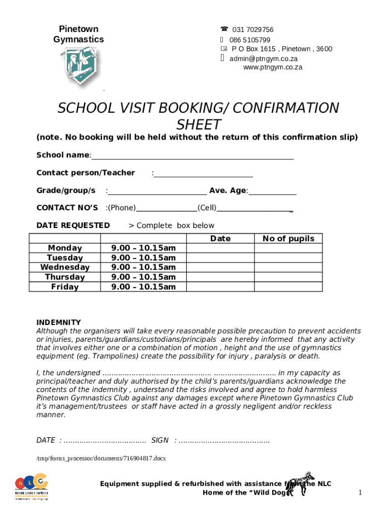 school visit booking/ confirmation sheet Doc Template | pdfFiller