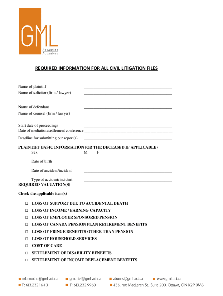Fillable Online REQUIRED INFORMATION FOR ALL CIVIL LITIGATION ... Fax ...