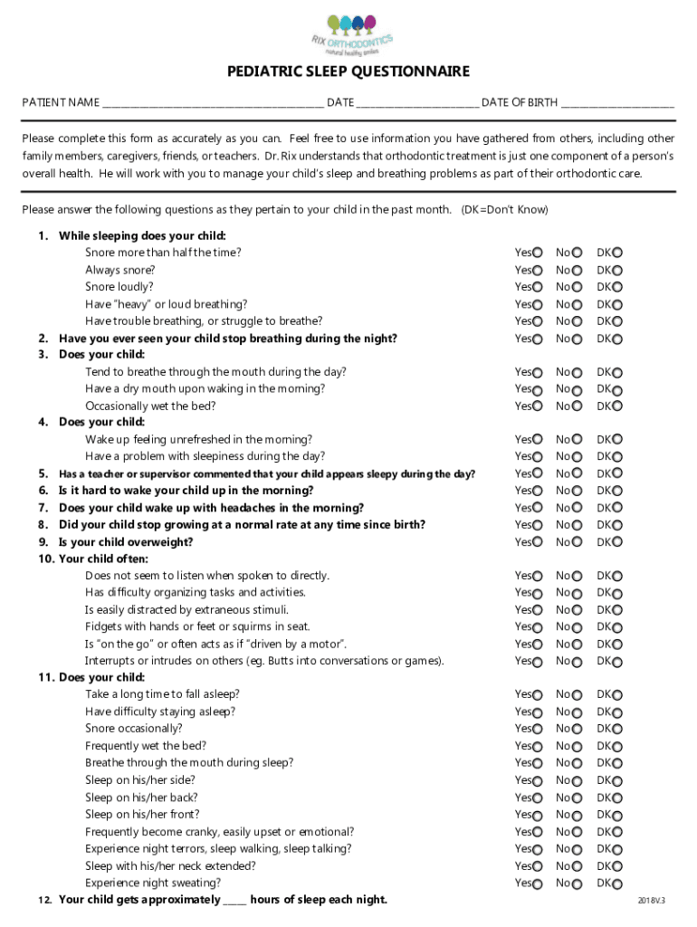 Fillable Online Pediatric Sleep Questionnaire Child's Name Fax Email ...