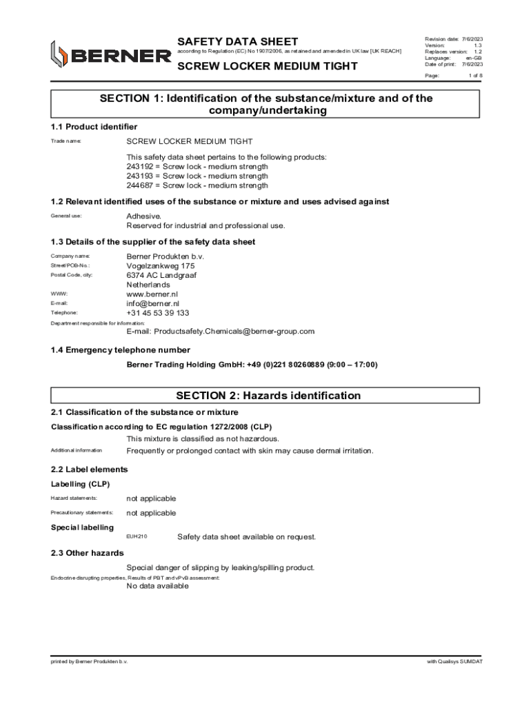 Fillable Online SCREW LOCKER MEDIUM TIGHT 60 g Art.: 243193 Fax Email ...