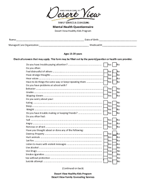 Fillable Online MENTAL HEALTH QUESTIONNAIRE - Maryland Healthy ... Fax ...