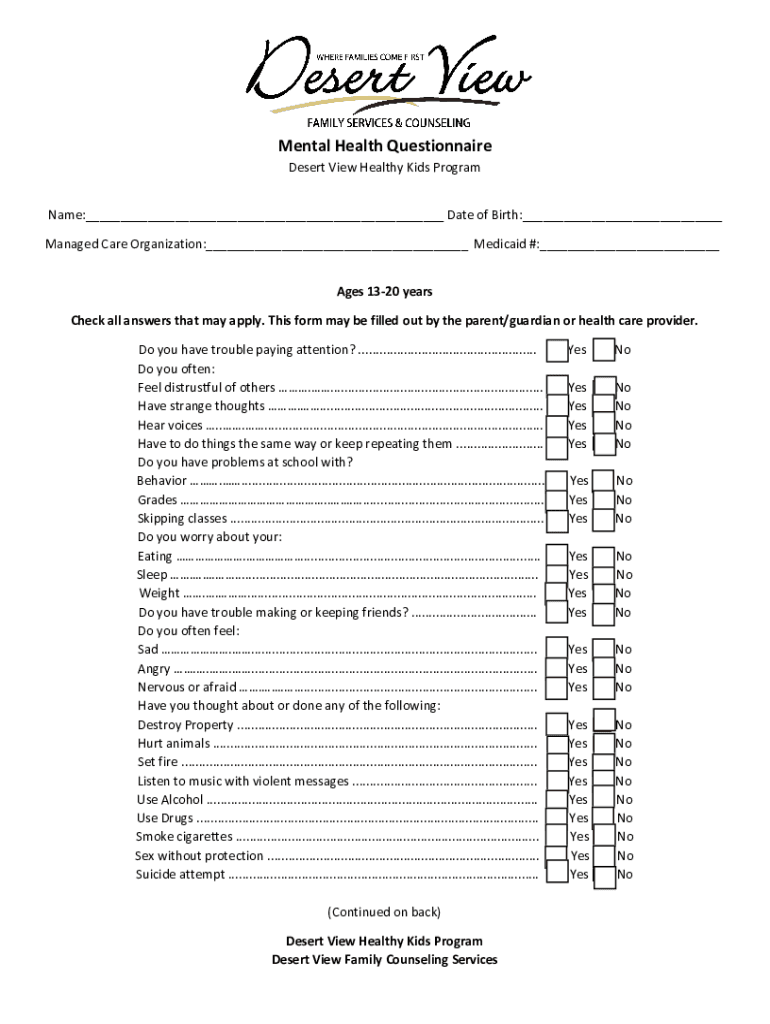 Fillable Online MENTAL HEALTH QUESTIONNAIRE - Maryland Healthy ... Fax ...