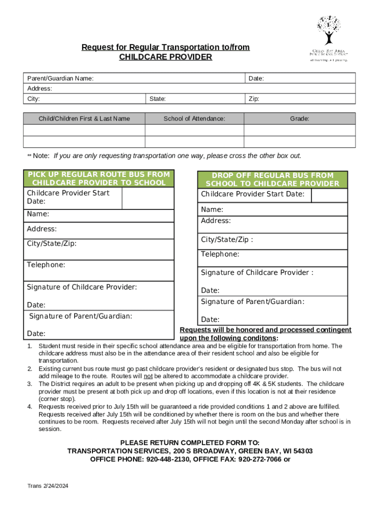 Child Care Transportation Request Doc Template | pdfFiller