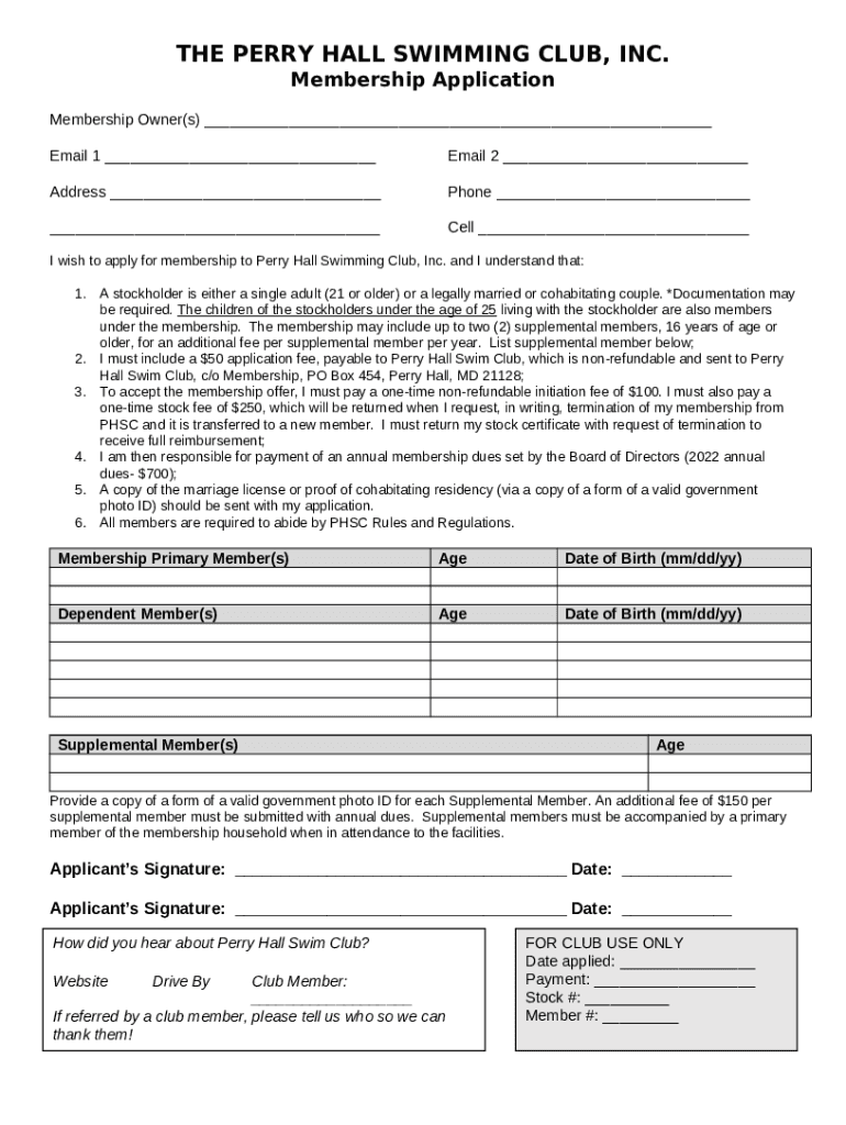 THE PERRY HALL SWIMMING CLUB, INC. Membership ... Doc Template | pdfFiller