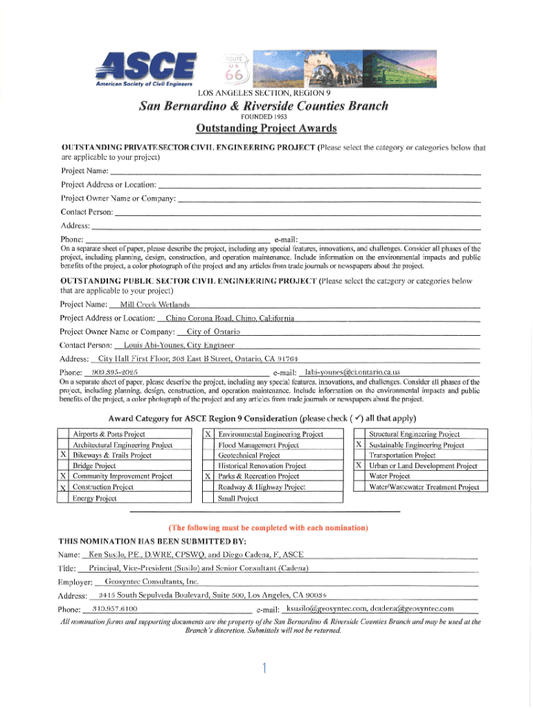 Fillable Online Project Award Nomination Form - ASCE Region 9 Awards ...