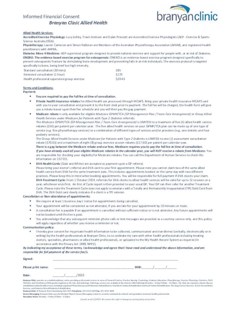 Fillable Online Informed Financial Consent Branyan Clinic Allied Health ...