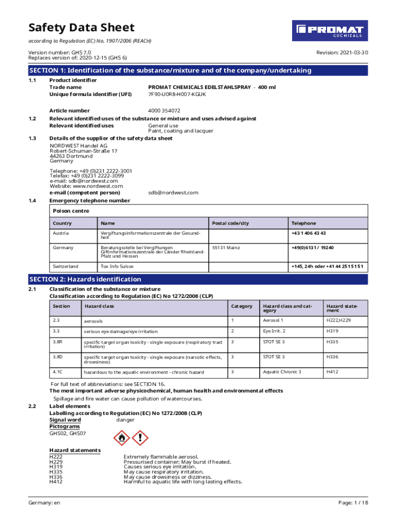 Fillable Online SAFETY DATA SHEET According to EC No 1907/2006 as ...