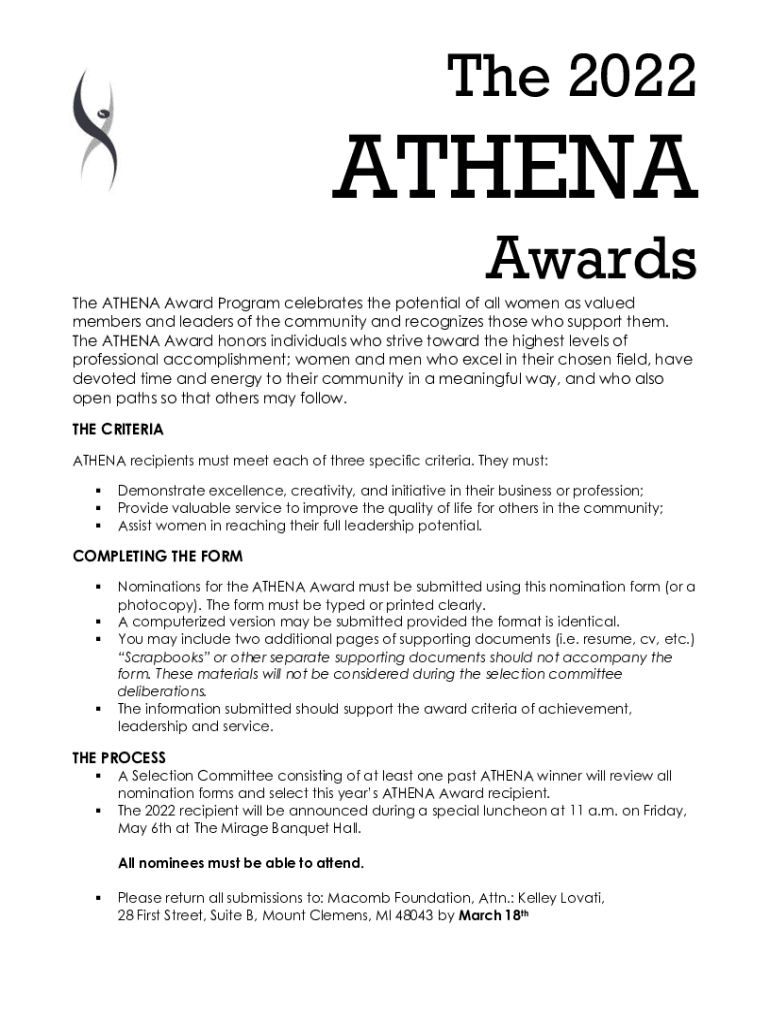 Fillable Online ATHENA-Awards-nomination-form-2022. ... Fax Email Print ...