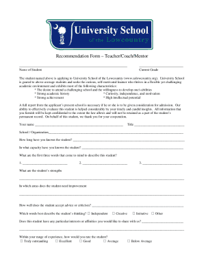 Fillable Online Recommendation FormTeacher/Coach/Mentor Fax Email Print - pdfFiller