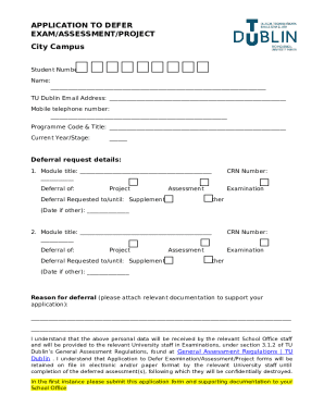 Application to Defer Assessment / Exam / Project Doc Template | pdfFiller