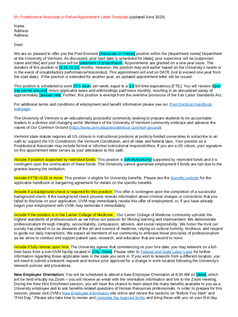 Postdoctoral Associate or Fellow Appointment Letter Template (updated ...