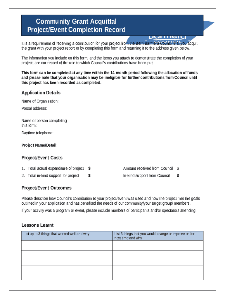 Community Grant Acquittal Project/Event Completion Record Doc Template | pdfFiller