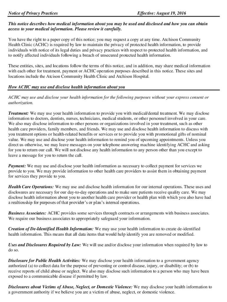 Fillable Online This notice describes how medical information about you ...