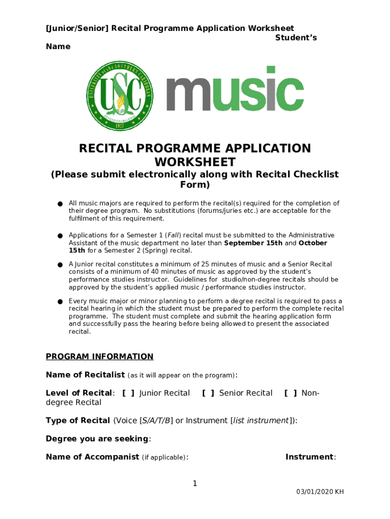 recital programme application worksheet Doc Template | pdfFiller