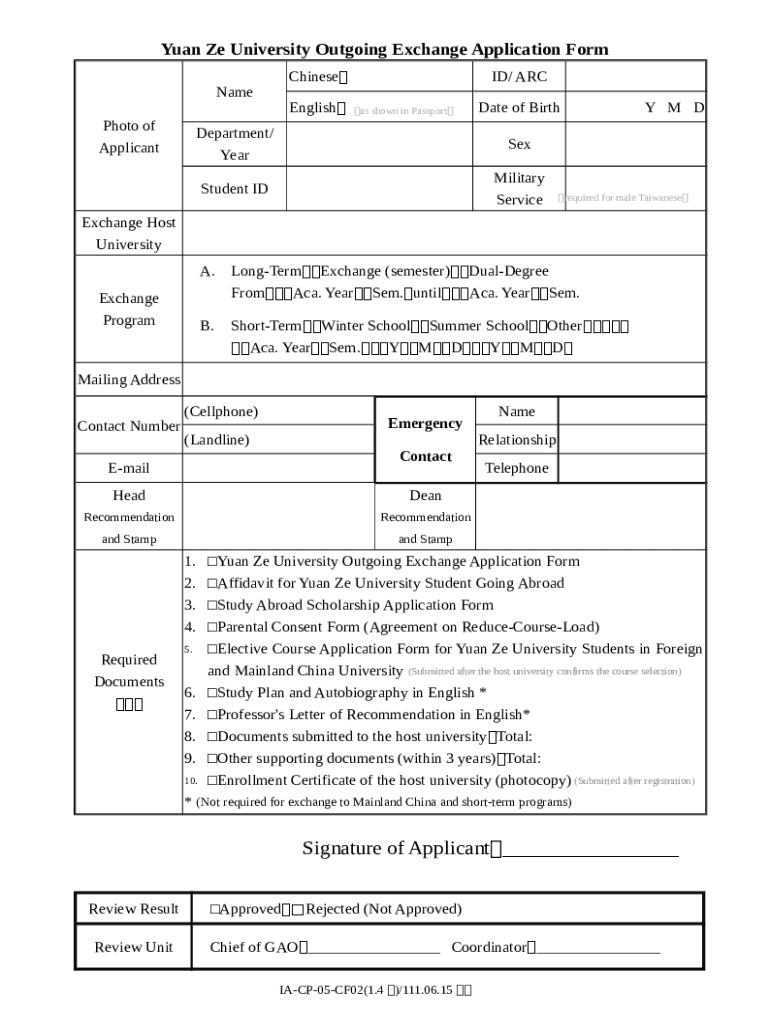 Yuan Ze University Outgoing Exchange Application Doc Template | pdfFiller