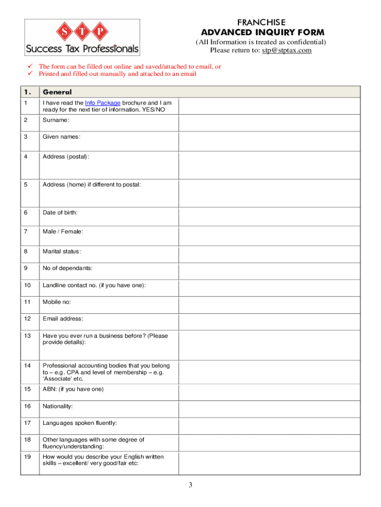 Fillable Online franchise advanced inquiry form Fax Email Print - pdfFiller