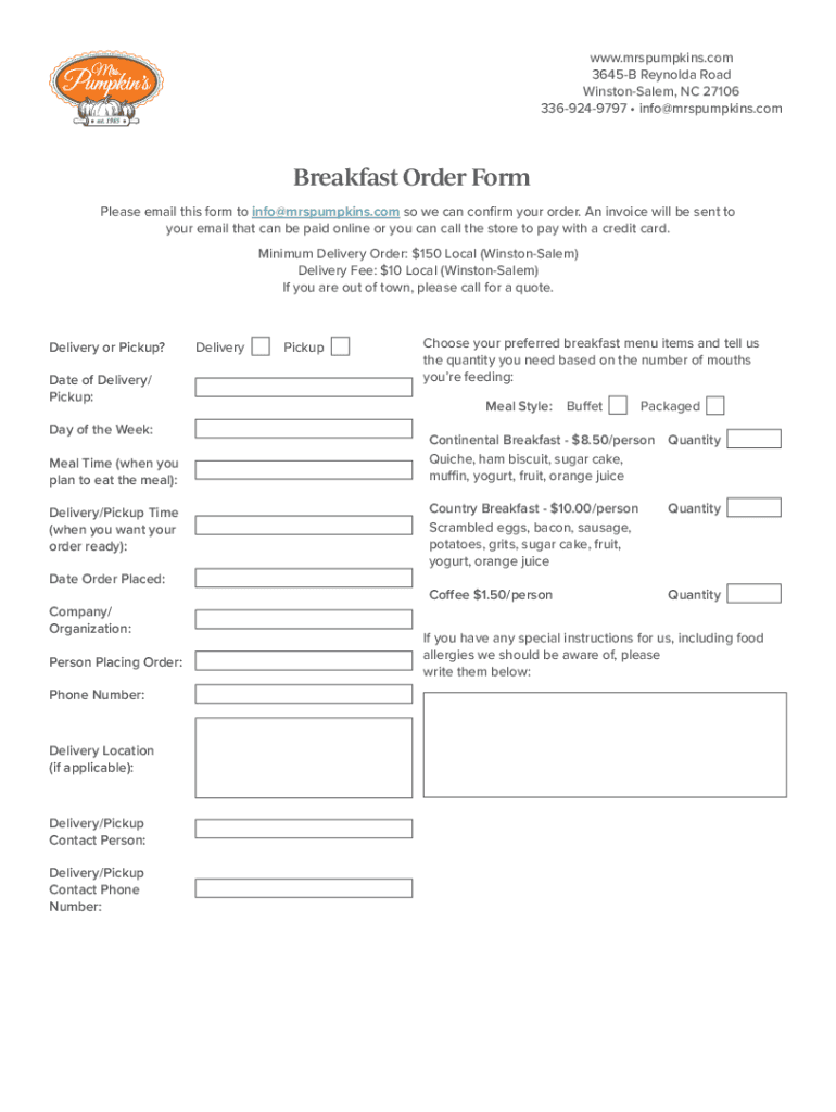 Fillable Online Premium Lunch and Dinner Order Form Fax Email Print ...