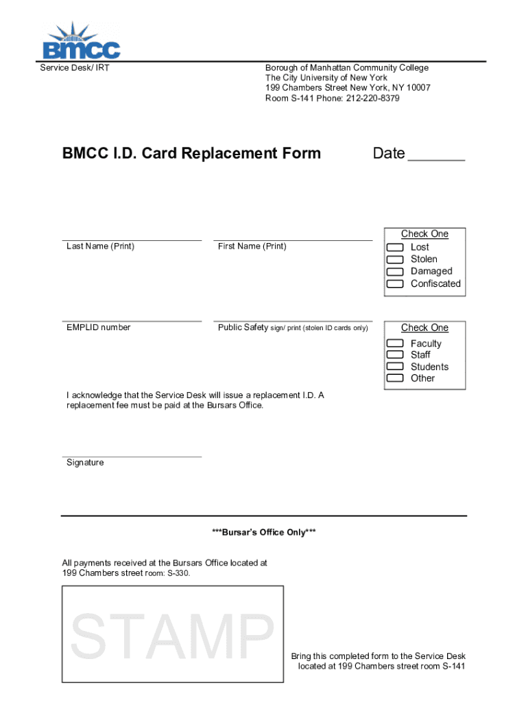 Fillable Online BMCC I.D. Card Replacement Form Date Fax Email Print ...