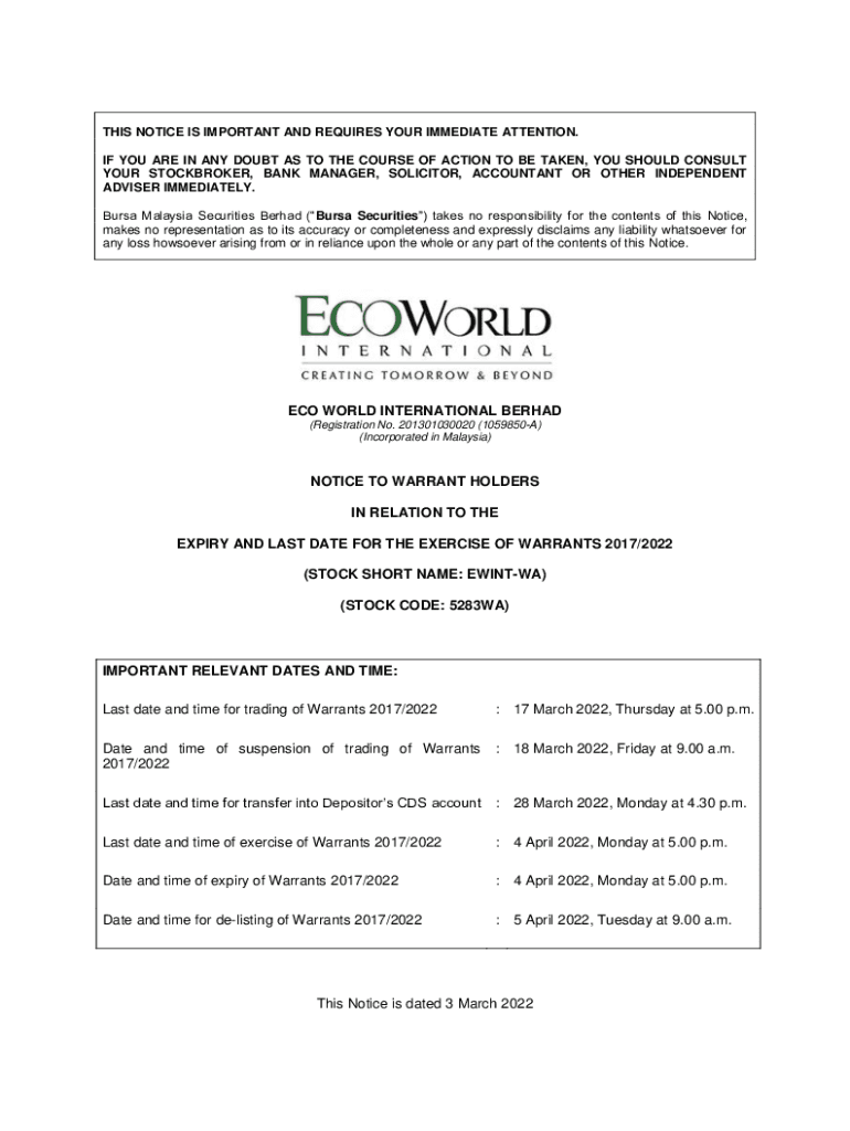 Fillable Online 1-EWI-Notice-to-Warrant-Holders- ... Fax Email Print ...