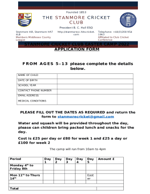 STANMORE CRICKET CLUB EASTER TRAINING CAMP APPLICATION Doc Template ...