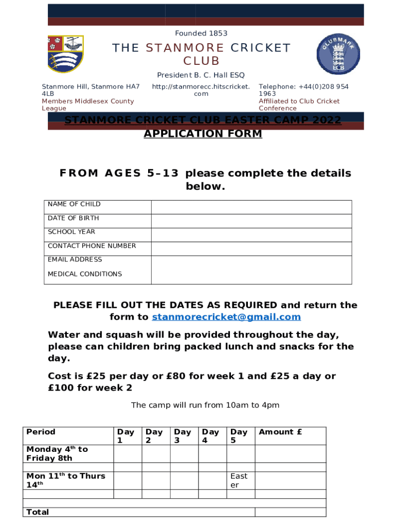 STANMORE CRICKET CLUB EASTER TRAINING CAMP APPLICATION Doc Template ...