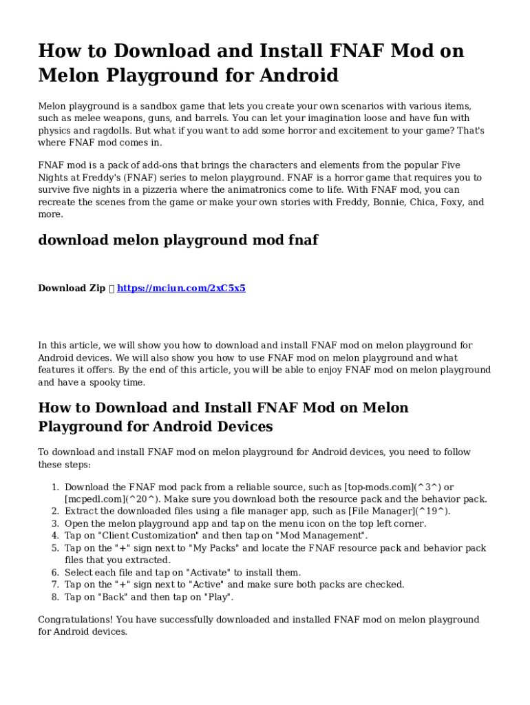 Fillable Online Five Nights at Freddy's For Melon Playground Mods Fax Email Print - pdfFiller