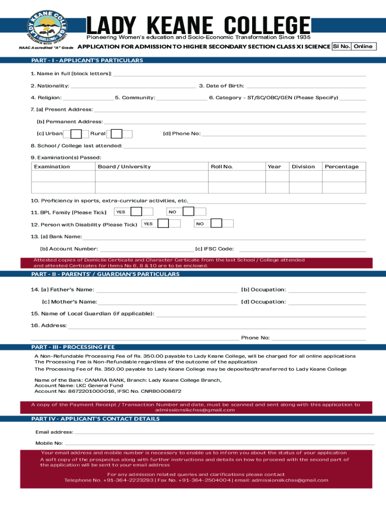 Fillable Online CLASS XI SCIENCE ADMISSION FORM - ONLINE #2 Fax Email ...